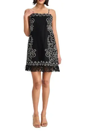 THE GOOD JOURNEY Embroidered Fringe Trim Sleeveless Mini Dress - Black/cream