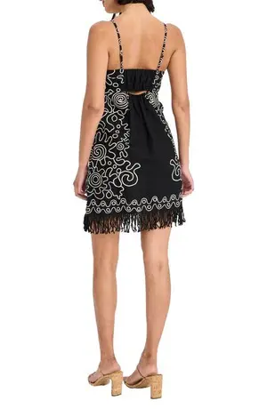 THE GOOD JOURNEY Embroidered Fringe Trim Sleeveless Mini Dress