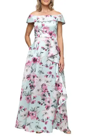 Alex Evenings Floral Off-shoulder Yoryu Gown - Mint Multi