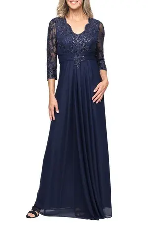 Alex Evenings Sequin Chiffon Gown With Embroidered Bodice And 3/4 Illusion Sleeves