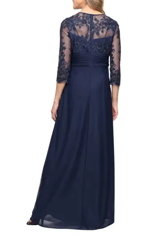Alex Evenings Sequin Chiffon Gown With Embroidered Bodice And 3/4 Illusion Sleeves