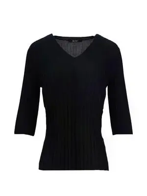 LA ROSE Ribbed Knit V-neck Top - Black