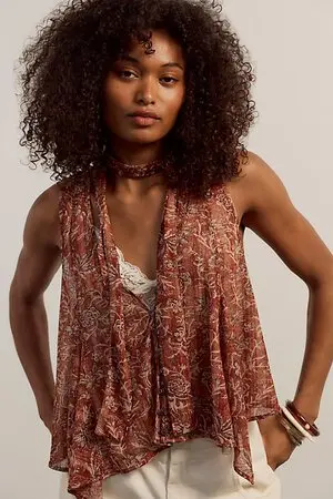Free People Leanne Floral Print Sleeveless V-neck Chiffon Top - Chestnut Combo
