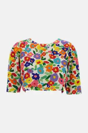 Pero Embroidered Floral Beaded Cropped Top - Multicolor