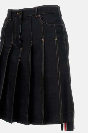 Thom Browne Pleated Denim Skirt With Contrast Stitching