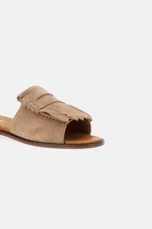 SEBAGO Suede Leather Fringe Slide Sandals - Beige