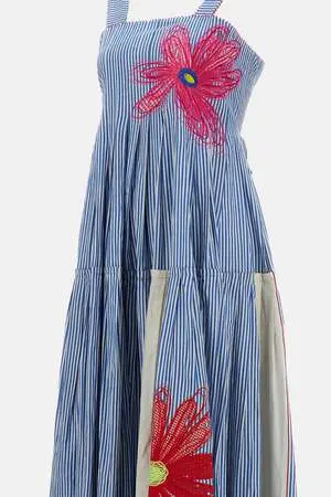 Pero Striped Cotton Maxi Dress With Embroidered Flower Detail - Multicolor