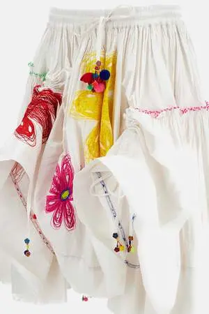 Pero Tiered Cotton Skirt With Embroidered Appliqués And Pom-poms - White