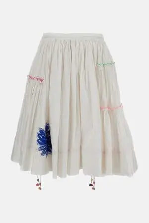 Pero Tiered Cotton Skirt With Embroidered Appliqués And Pom-poms - White