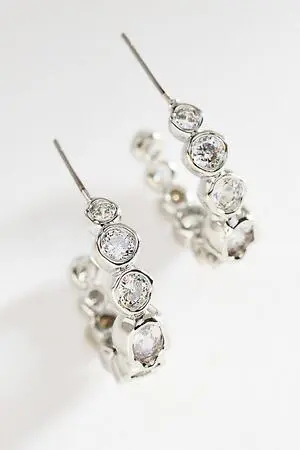 Anthropologie Bezel Crystal Hoop Earrings - Silver