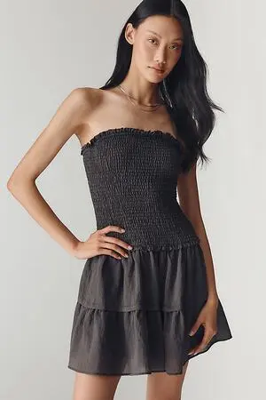 Anthropologie Strapless Smocked Tiered Mini Dress - Anthracite
