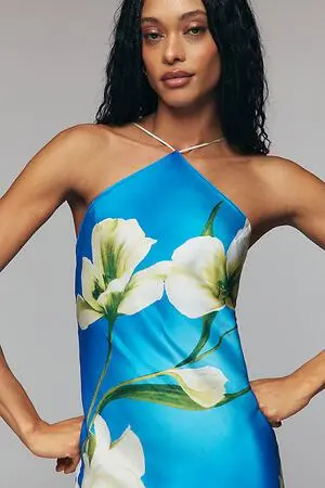 Amanda Uprichard Asymmetrical Satin Halterneck Maxi Dress