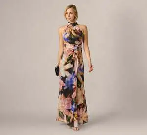 Adrianna Papell Floral Ribbon Chiffon Halter Mermaid Gown - Black Multi