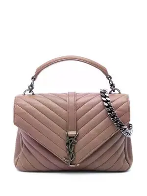 Saint Laurent Medium Chevron Sheepskin Monogram College Satchel - Brown