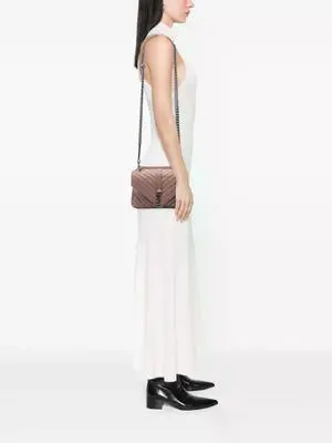 Saint Laurent Medium Chevron Sheepskin Monogram College Satchel - Brown