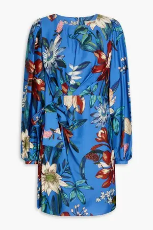 Farm Rio Floral Print Twill Wrap Effect Mini Dress - Azure