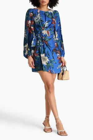 Farm Rio Floral Print Twill Wrap Effect Mini Dress
