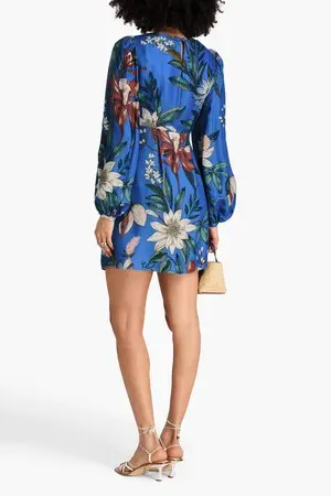 Farm Rio Floral Print Twill Wrap Effect Mini Dress