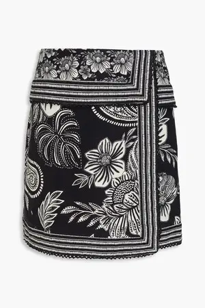 Farm Rio Embroidered Cotton Twill Wrap Mini Skirt