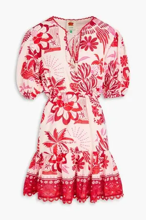 Farm Rio Farm Rio Crochet Trimmed Printed Swissdot Cotton Mini Dress - Red