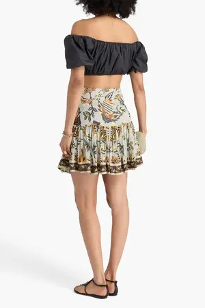 Farm Rio Embellished Tie-front Printed Metallic Fil Coupé Mini Skirt