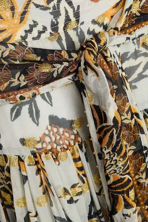 Farm Rio Embellished Tie-front Printed Metallic Fil Coupé Mini Skirt