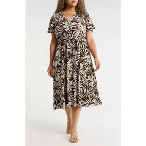 KASPER Leaf Print Flutter Sleeve Midi Dress