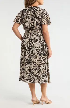 KASPER Leaf Print Flutter Sleeve Midi Dress