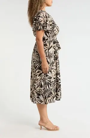 KASPER Leaf Print Flutter Sleeve Midi Dress