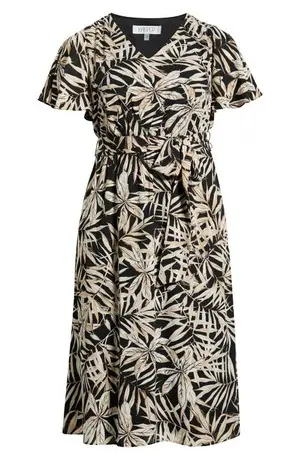 KASPER Leaf Print Flutter Sleeve Midi Dress