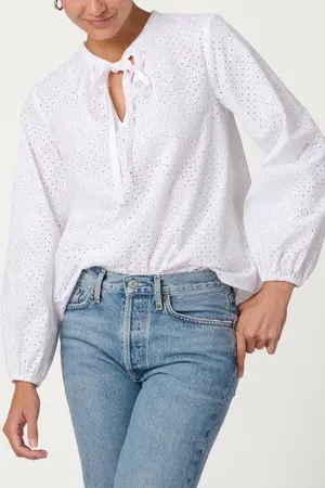 Shoshanna Classic Cotton Eyelet Tie Neck Blouse