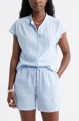 Caslon Novelty Stripe Cap Sleeve Button-up Shirt - Blue - Ivory Ginger Stripe