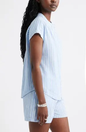 Caslon Novelty Stripe Cap Sleeve Button-up Shirt - Blue - Ivory Ginger Stripe