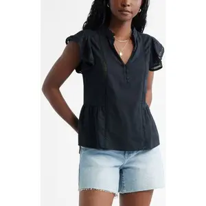 Caslon Ruffle Sleeve Lace Trim Popover Top - Black