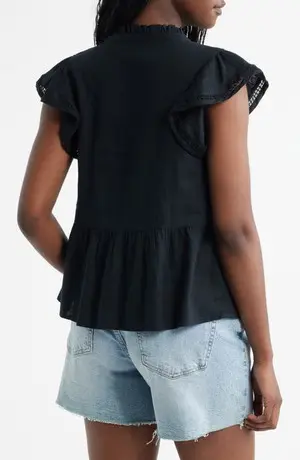 Caslon Ruffle Sleeve Lace Trim Popover Top - Black