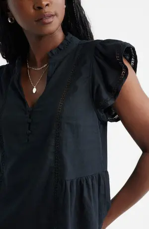 Caslon Ruffle Sleeve Lace Trim Popover Top - Black