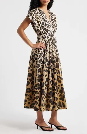 FREEMARKET Leopard Print Pleated Midi Shirtdress