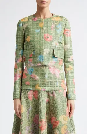 Lela Rose Floral Raffia Crop Blazer