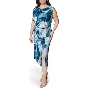 Donna Karan New York Sleeveless Floral Print Midi Dress With Gilded Clasp - Nightfall Multi