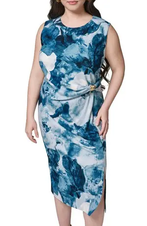 Donna Karan New York Sleeveless Floral Print Midi Dress With Gilded Clasp - Nightfall Multi