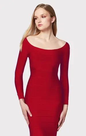 Herve Leger Icon Scoop Neck Midi Dress - Cherry