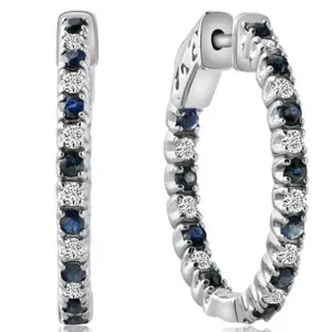 BLISS DIAMOND 1 1/3ct Lab Grown Diamond And Blue Sapphire Hoop Earrings - Silver
