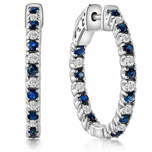 BLISS DIAMOND 1 1/3ct Lab Grown Diamond And Blue Sapphire Hoop Earrings - Silver