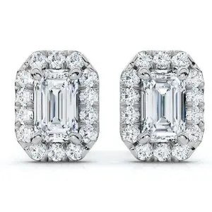 BLISS DIAMOND Emerald Lab Grown Diamond Halo Stud Earrings - Silver