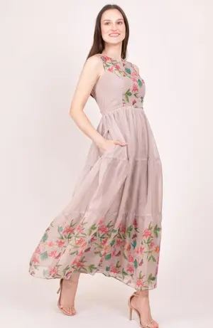 RAAS Floral Organza Tiered Maxi Dress