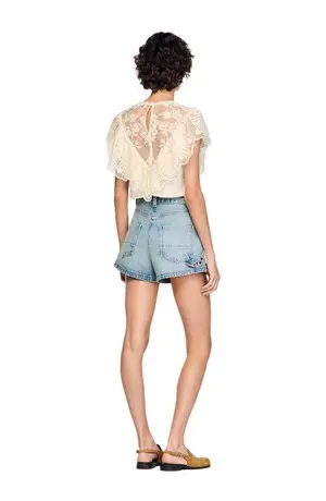 Sandro Floral Guipure Lace Crop Top - Vanilla