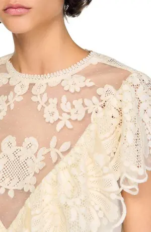 Sandro Floral Guipure Lace Crop Top - Vanilla