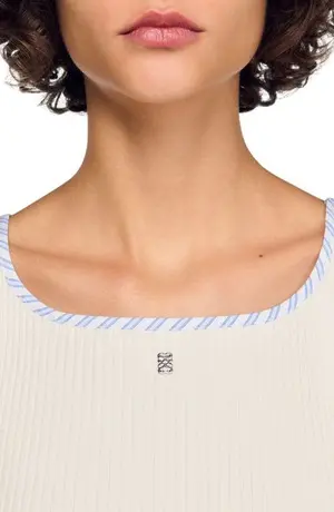 Sandro Ribbed Knit Vest Top With Striped Trim