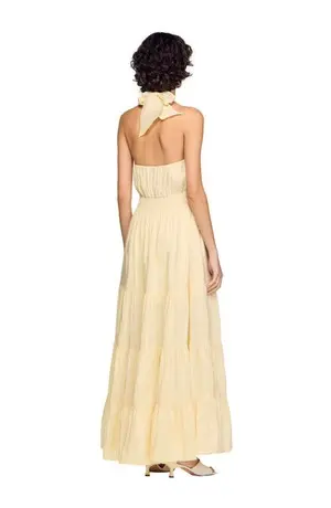 Sandro Linen Maxi Dress With Fabric Flower Detail - Vanilla