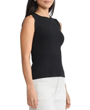 Ming Wang Boat Neck Ribbed Soft Knit Tank - Black